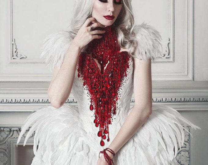 Haute Gothic Wedding Dress Feathers Gown Bloody Vampire Bridal Dress ...