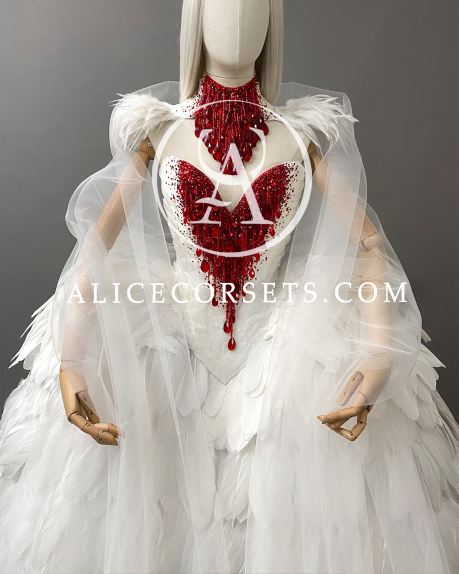 Haute Gothic Wedding Dress Feathers Gown Bloody Vampire Bridal Dress ...