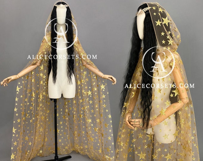 Hooded Starry Bridal Cape Fairytale Cloak Pagan Mesh Cover-up for ...