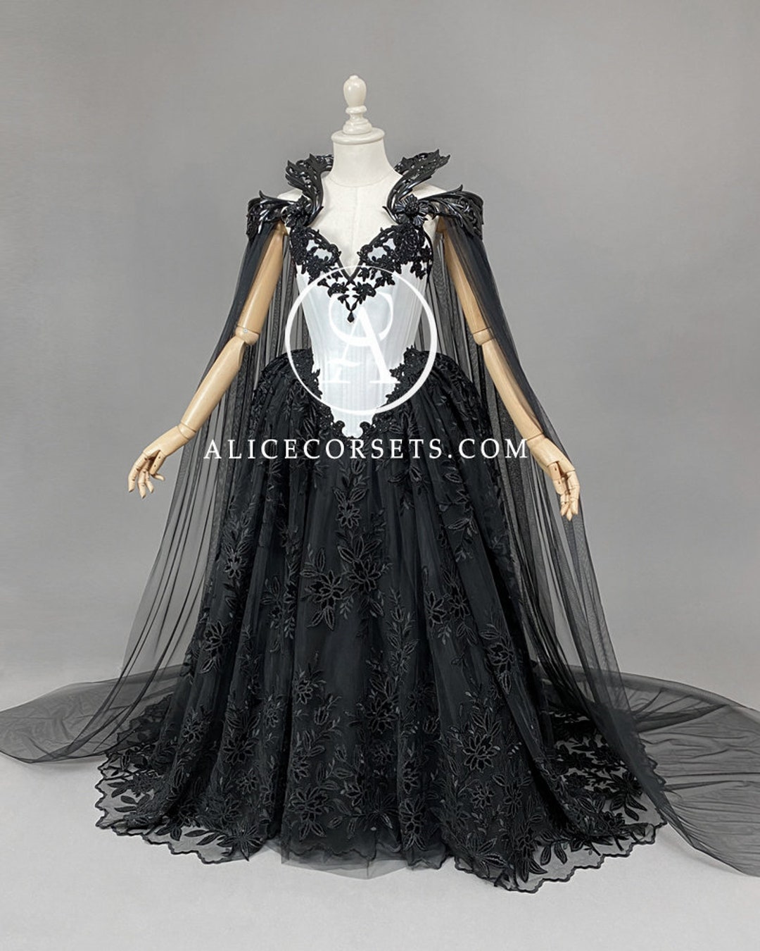 Romantic Gothic Wedding Dress With Cape Alternative Black Bridal Gown ...