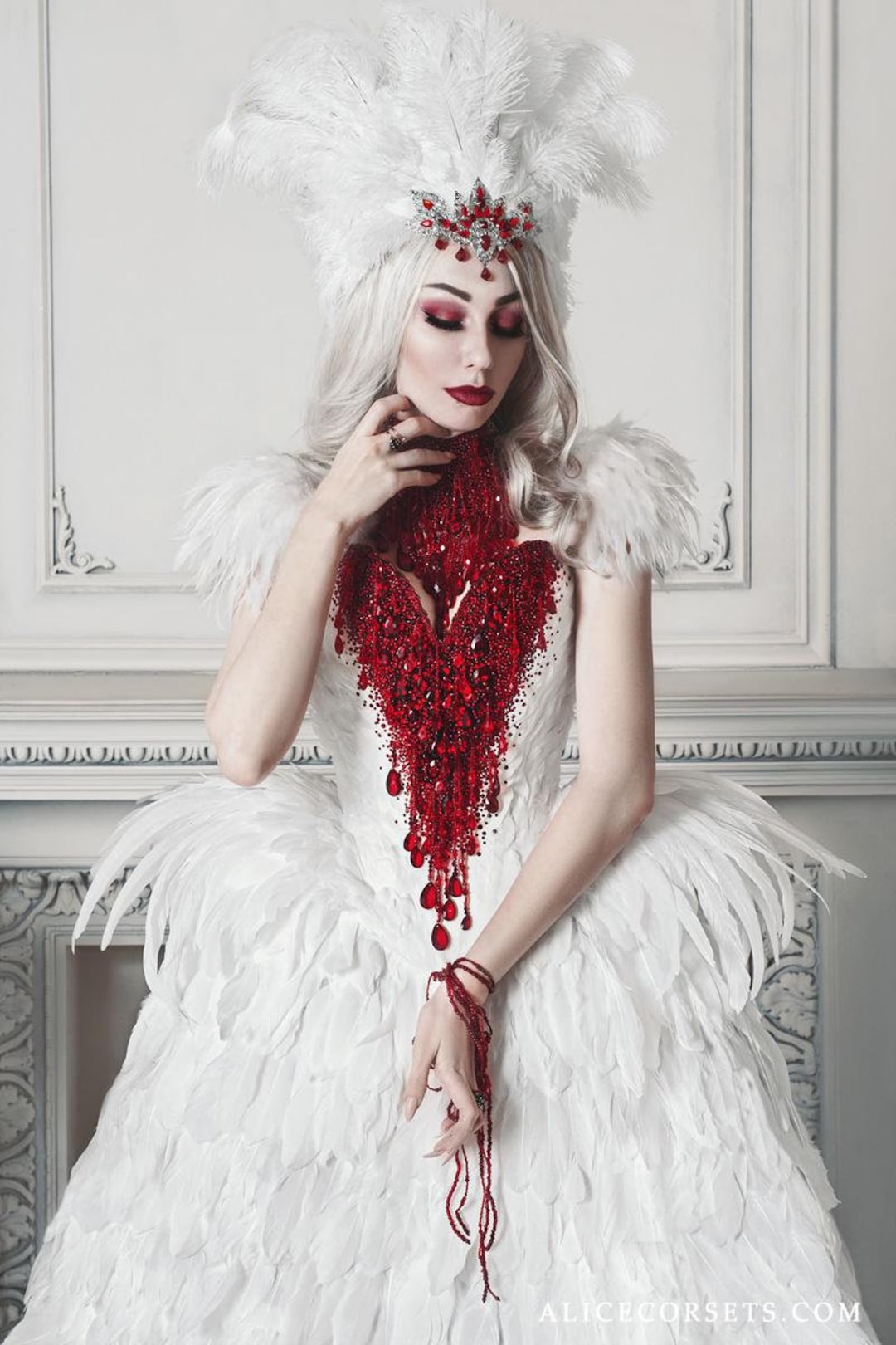 Haute Gothic Wedding Dress Feathers Gown Bloody Vampire Bridal Dress ...