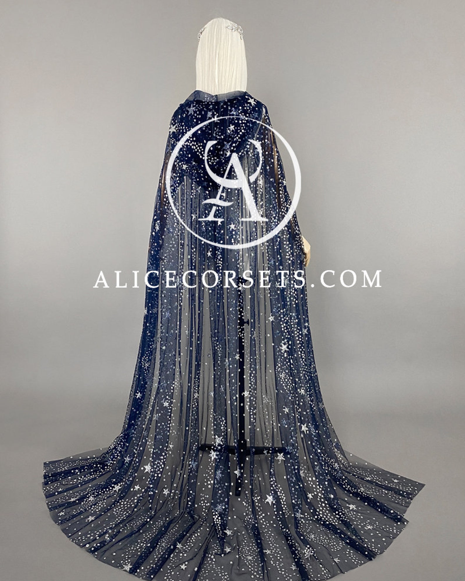 Hooded Celestial Wedding Cape Veil Fantasy Bridal Cloak Pagan Mesh ...