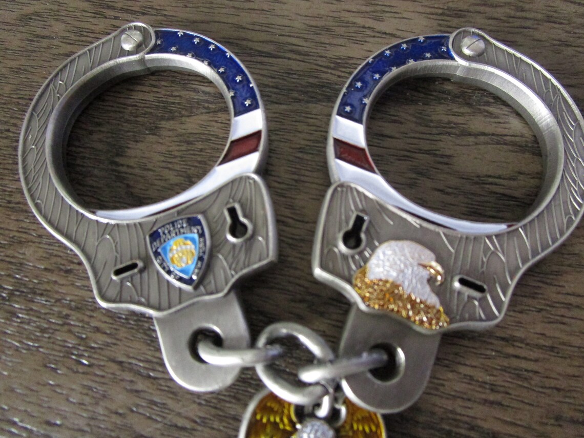 NYPD American Flag Handcuffs With Eagle Key Nickel Wood Version ...