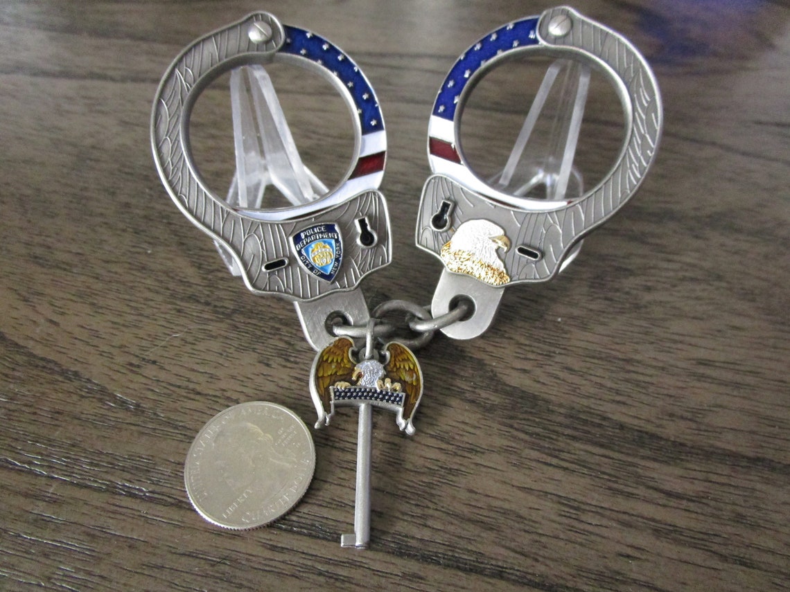 NYPD American Flag Handcuffs With Eagle Key Nickel Wood Version ...