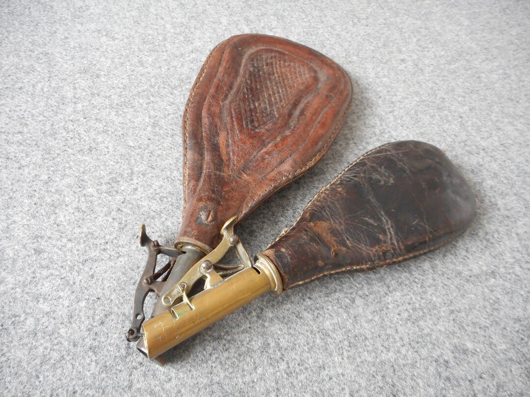 C.1800 Vintage Leather Powder / Victorian Gunpowder Shot Flask / Gun ...