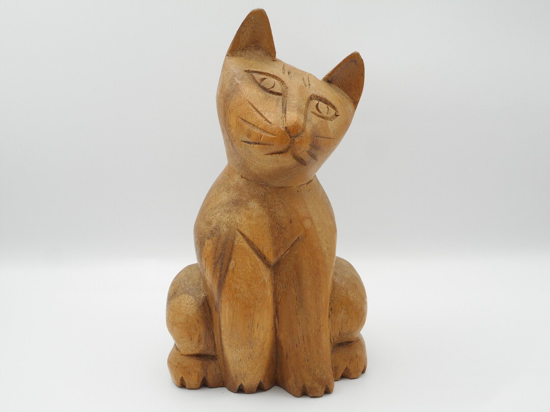 Retro Wooden Sitting Cat Figure - Whimsical Upset Kitten Sculpture P12 ...