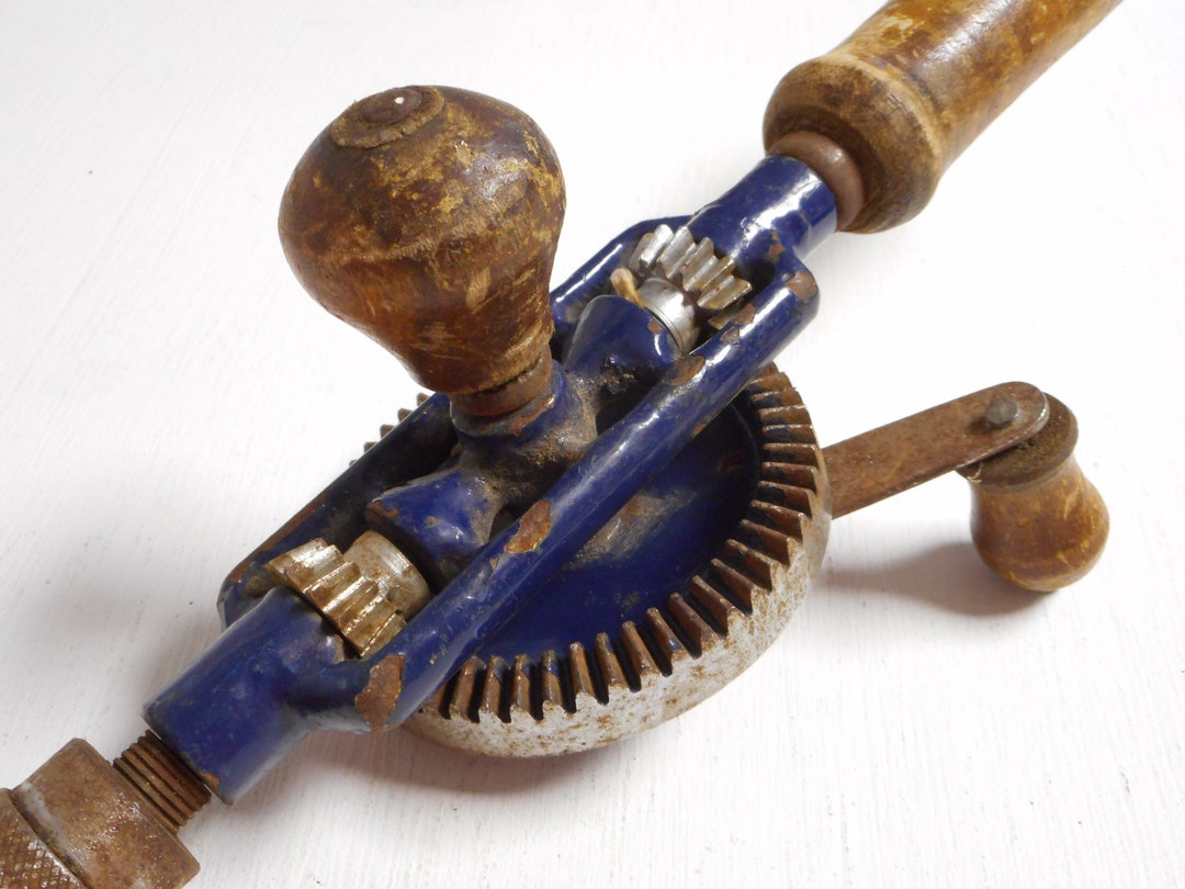 Blue Vintage HAND DRILL With Double Gear and Wooden Handle G04/2289 - Etsy