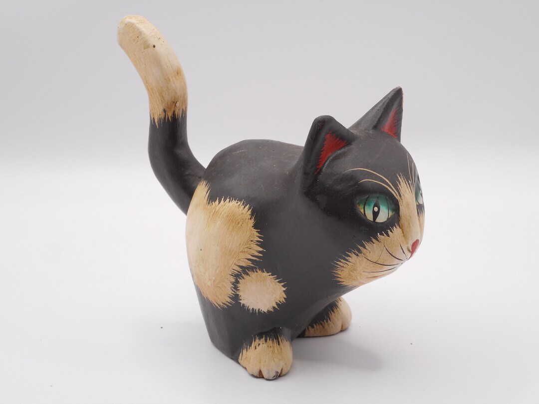 Vintage Wooden Shitting Cat Figurine - Unique Wood Lazy Kitten ...
