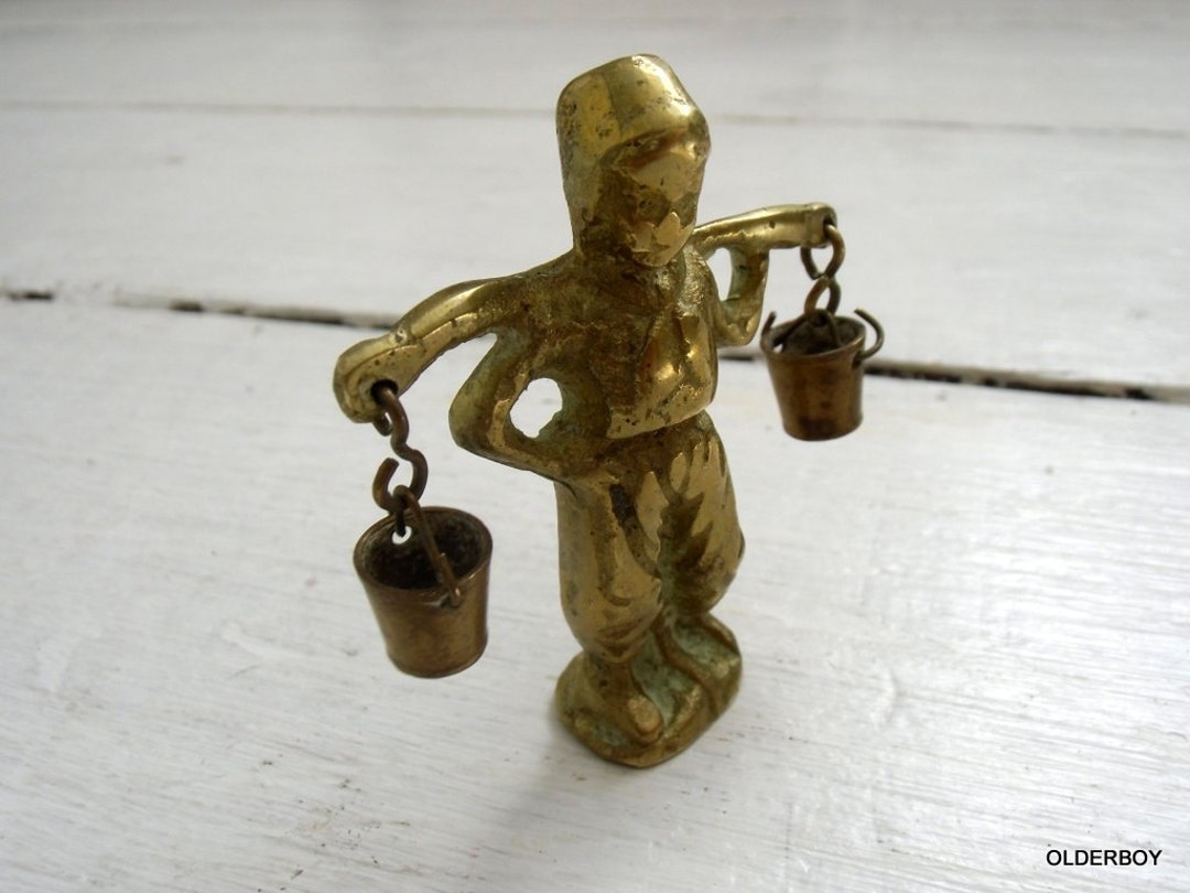 Vintage Brass Boy With Water Buckets - Rustic Brass Man Figurine Home ...