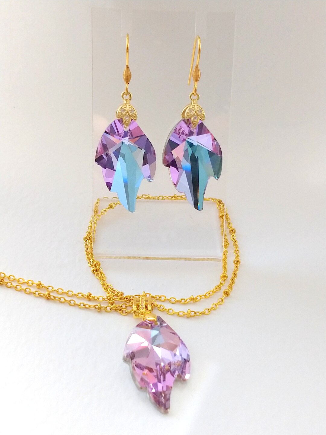 K9 Crystal Leaf 20x32mm Trio Pendant and Earring Jewelry Set in Light ...