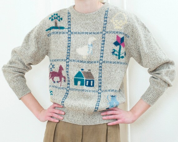 Vintage Intarsia Scenic Farm Sweater Oatmeal Eddie Bauer - Etsy