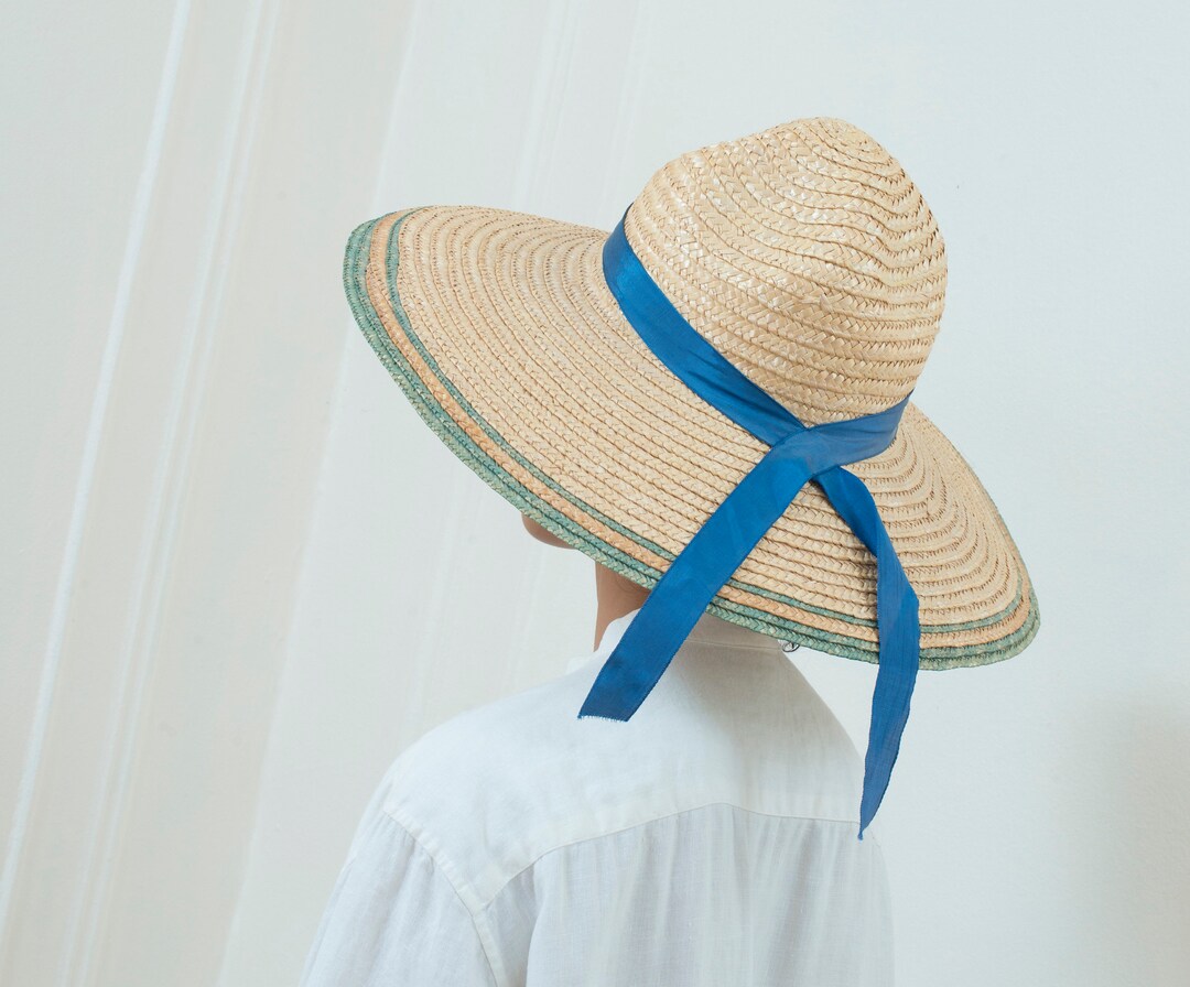 80s Straw Sun Hat Woven Raffia Wide Brim Hat Green Blue - Etsy