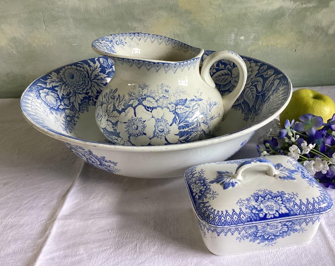 Gorgeous Antique French Wash Basin Set. Blue and White Antique Wash ...