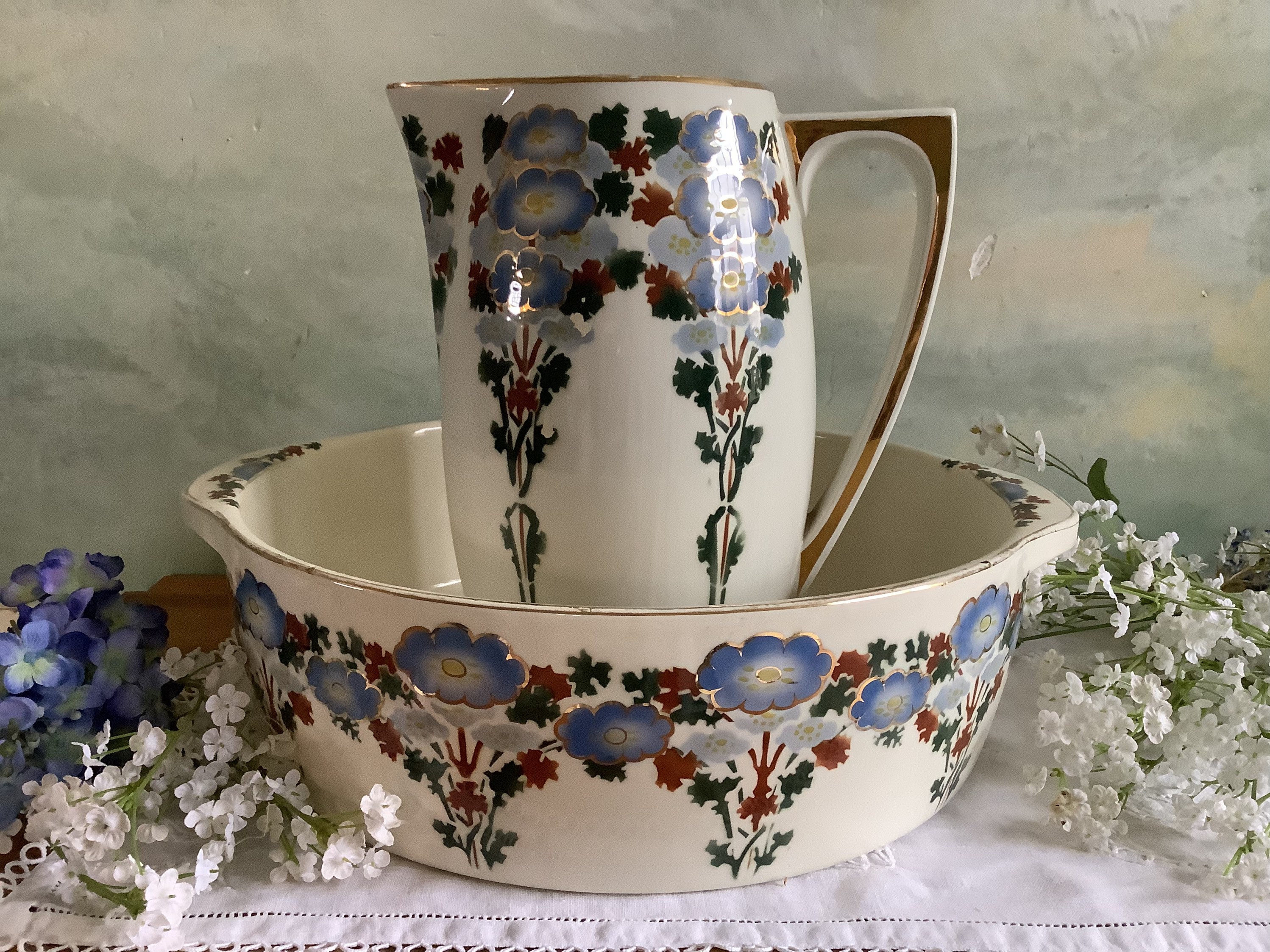 Bathroom Earthenware Wash Basin Set Antique Brown Floral Design Ceramic ...