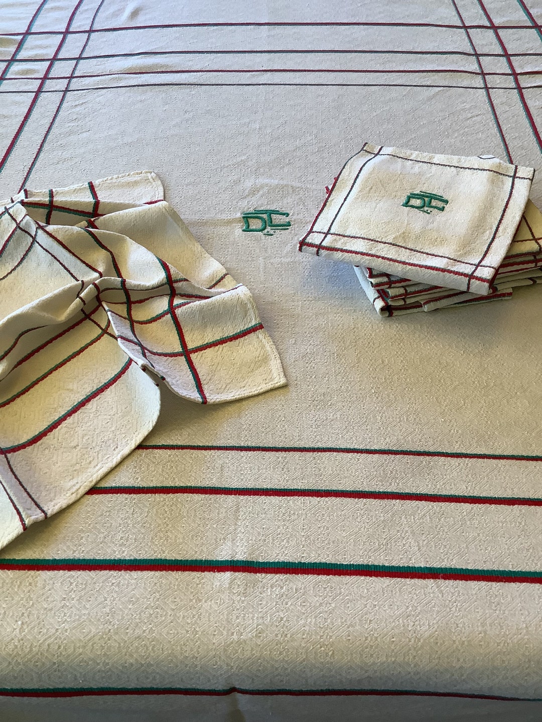 Vintage French Square Tablecloth and 6 Napkins. Cotton and Linen Basque ...