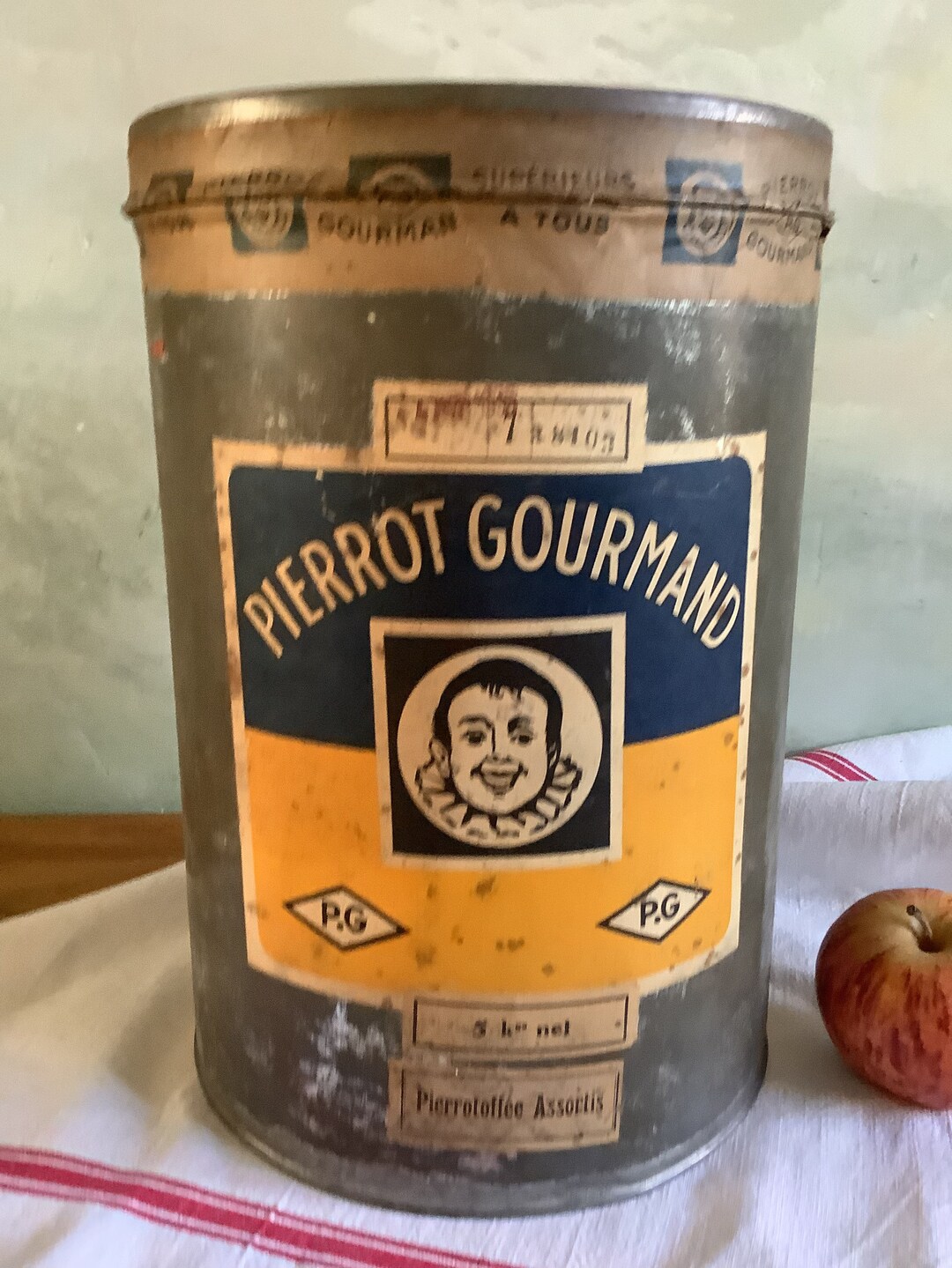 V. Large Antique French Tin. Shop Counter Sweet Tin. Pierrot Gourmand ...