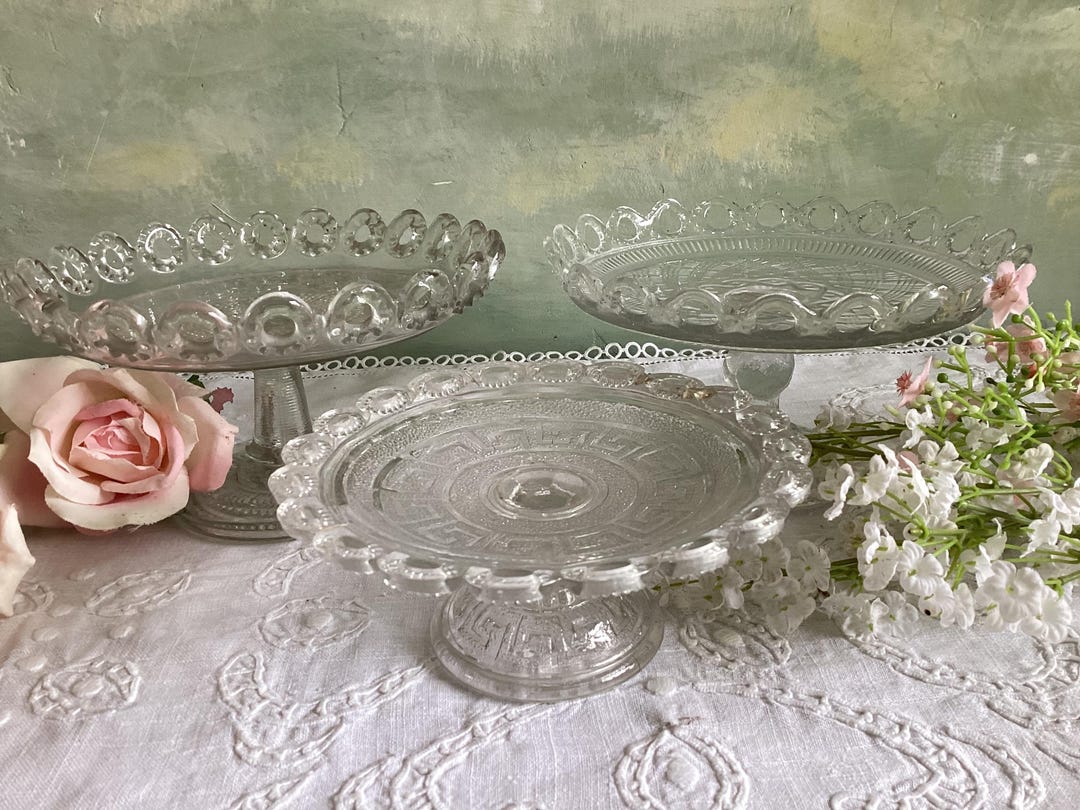 Set of 3 Antique Glass Cake Stands. Pedestal Glass Cake Stands. Small ...