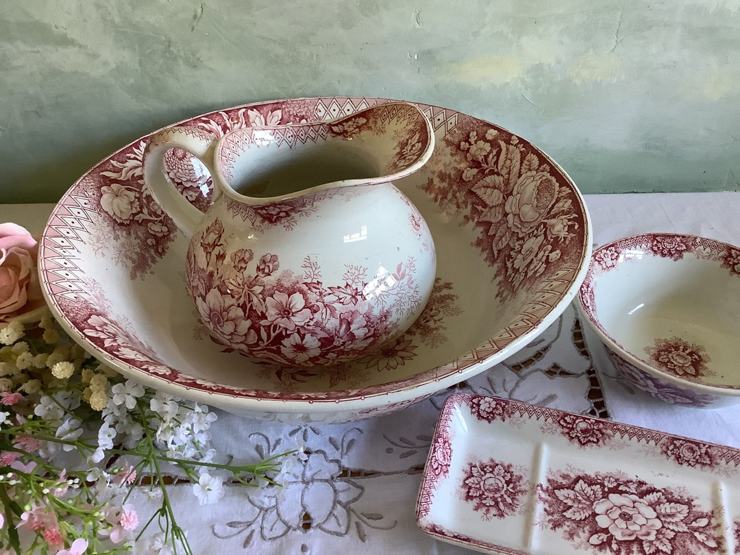Gorgeous Antique French Wash Basin Set. Red and White Porcelain, Wash ...