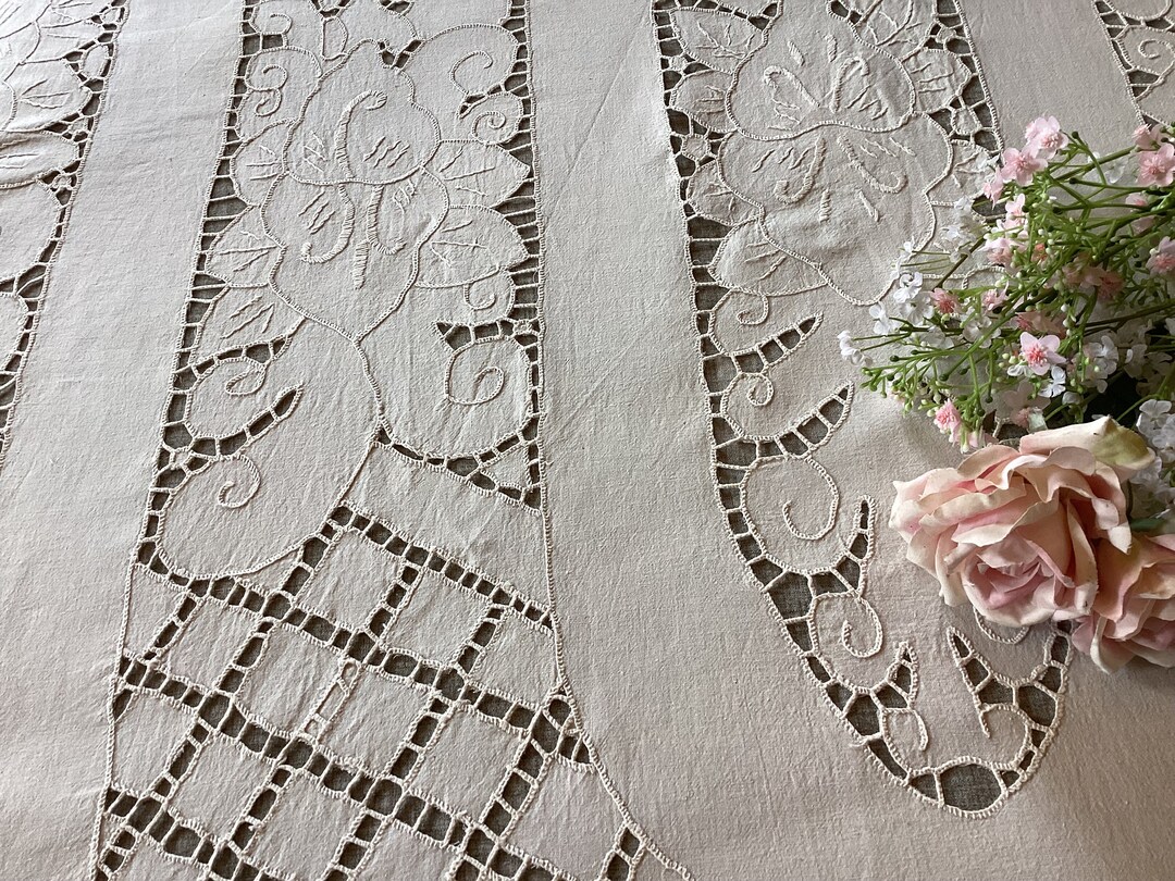 Large Oval Embroidered Vintage French Tablecloth. Creamy White ...