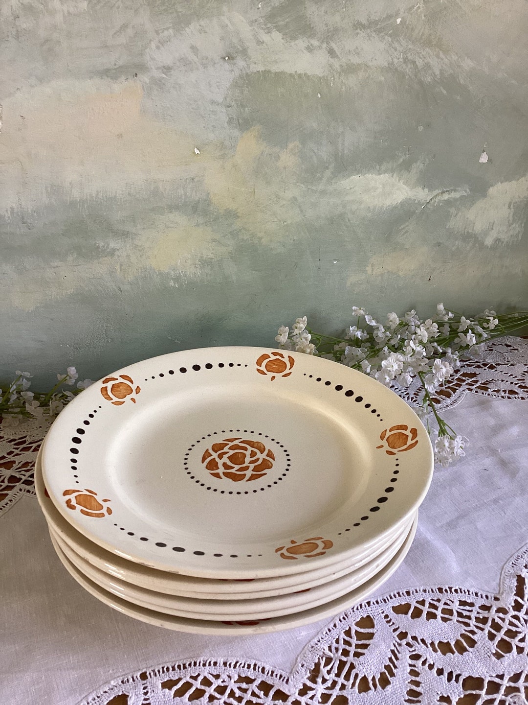 Set of Six Art Deco Dinner Plates by Longchamp. White and Orange Plates ...
