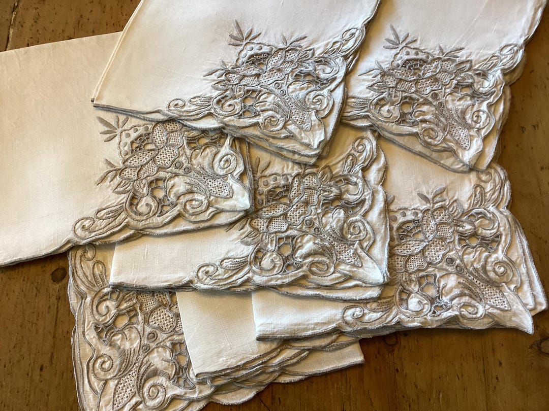7 Antique Napkins- Hand Embroidered Linen Napkins- Cutwork and ...