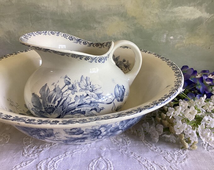 Gorgeous Antique French Wash Basin Set. Blue and White Wash Basin and ...