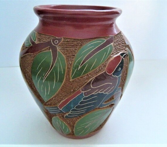 Nicaraguan Redware Terra Cotta Vase 3D Etched Carved Birds | Etsy
