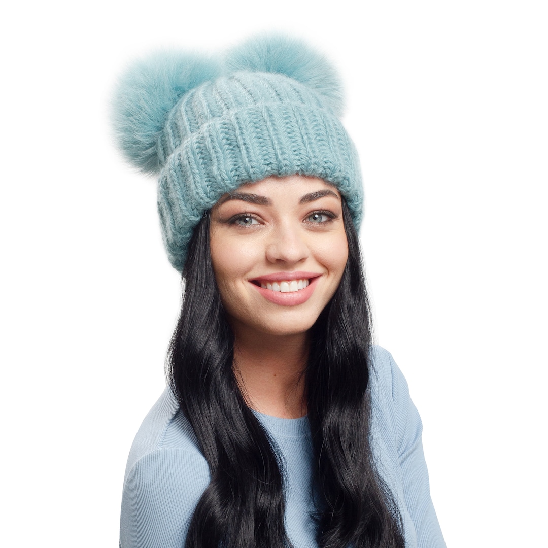 Double Pom Pom Hat, Faux Fur Double Pom Pom Beanie, Fleece Lined Hat ...