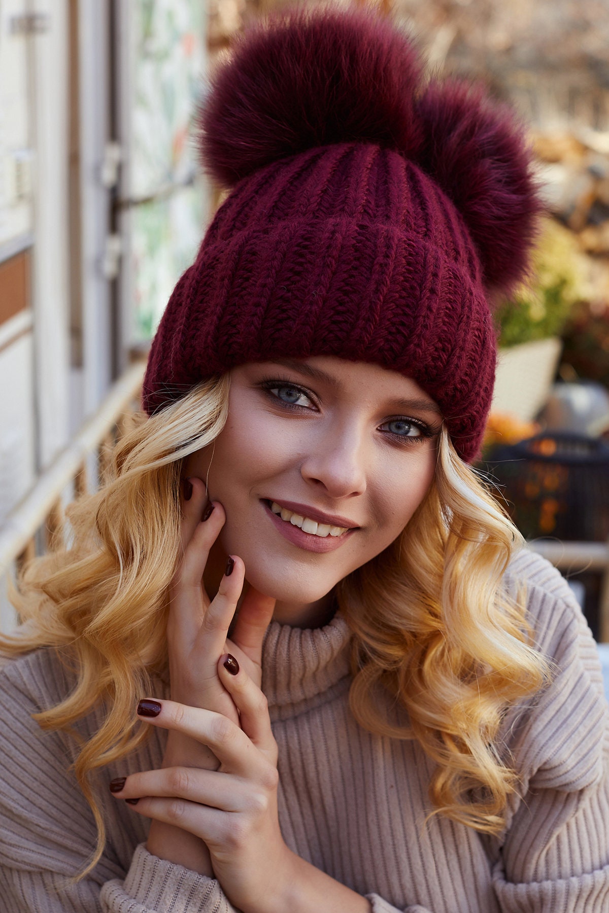 Pom Hat Women, Double Pom Pom Hat, Faux Fur Pom Hat, Fleece Lined Hat ...