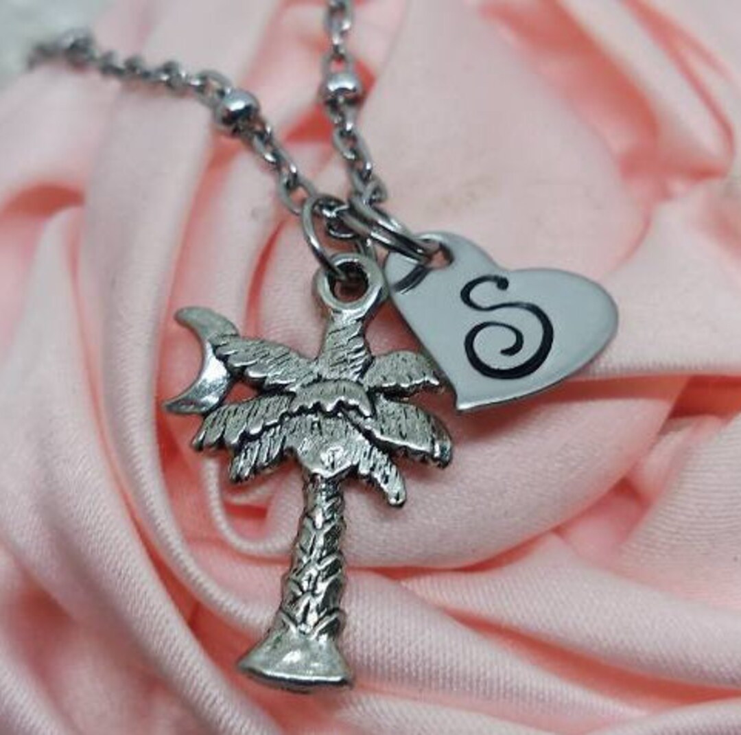 SC Palmetto Tree Palm Tree With Moon, Initial Charm Necklace, SC Palm ...