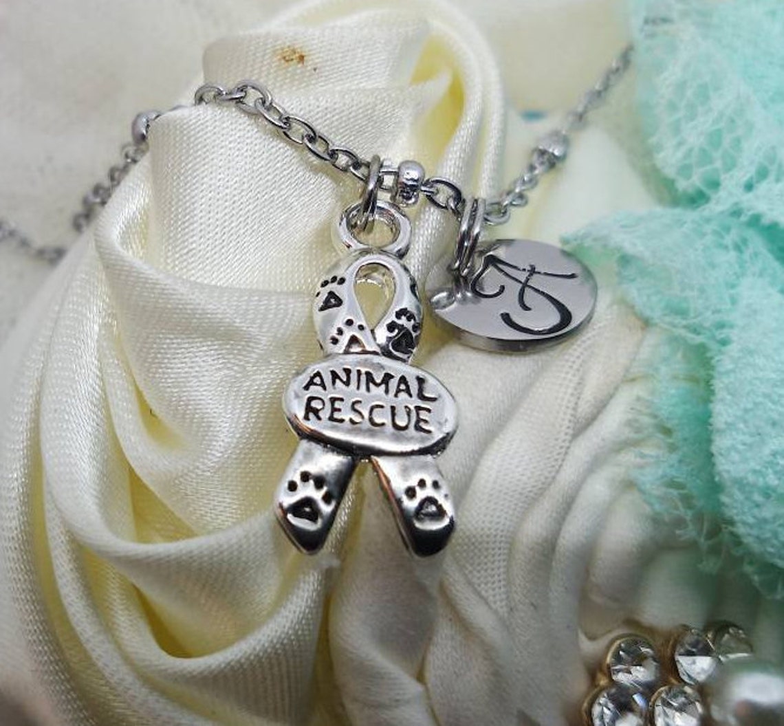 Animal Rescue Paw Print Ribbon Initial Charm Necklace Animal - Etsy