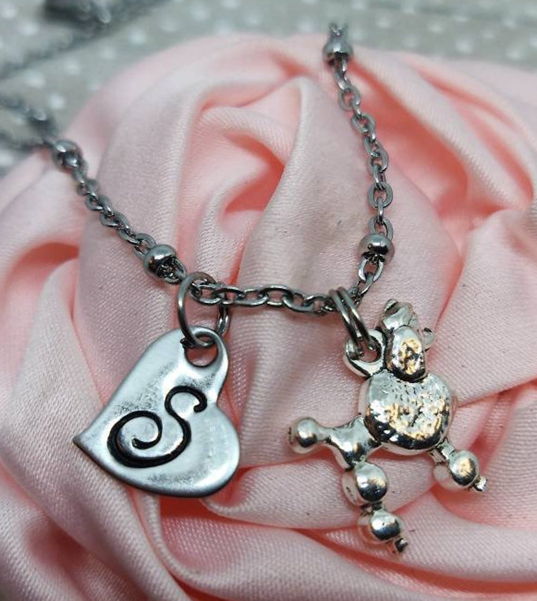 Poodle Necklace, Poodle Initial Charm Necklace, Initial Heart Charm ...