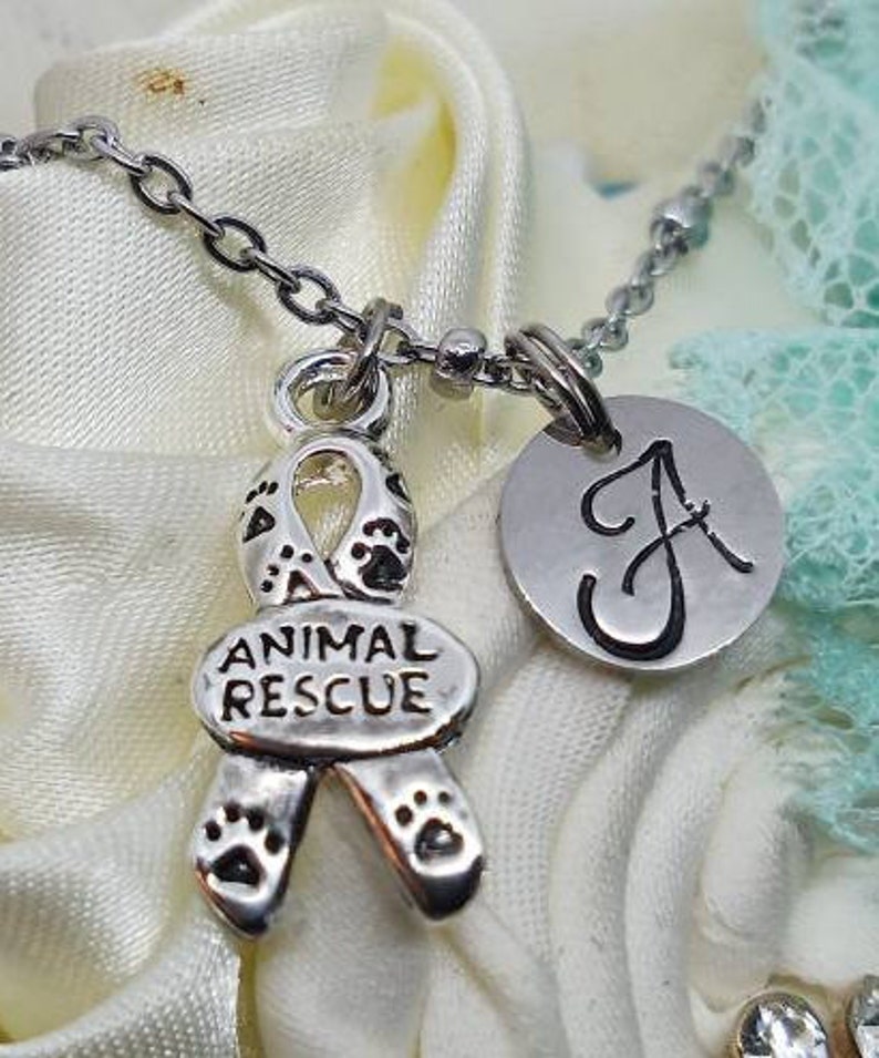 Animal Rescue Paw Print Ribbon Initial Charm Necklace Animal - Etsy