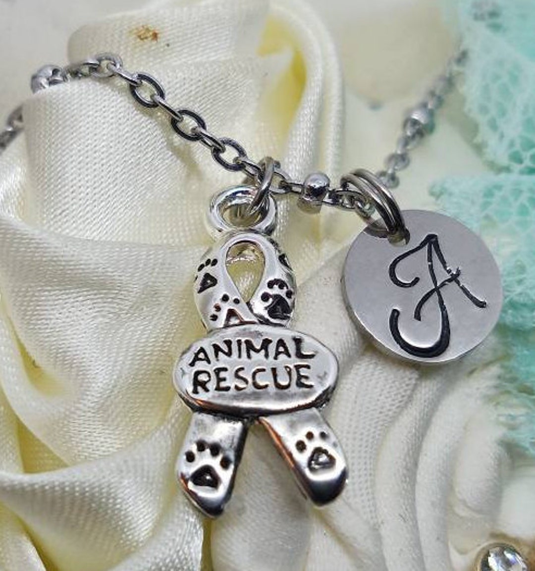 Animal Rescue Paw Print Ribbon Initial Charm Necklace, Animal Paw Print ...