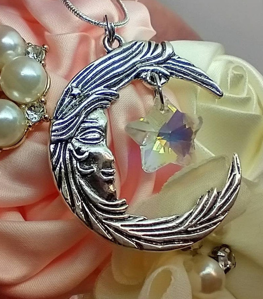 Beautiful Celestial Crystal STAR & Moon Pendent Necklace, Moon and Star ...