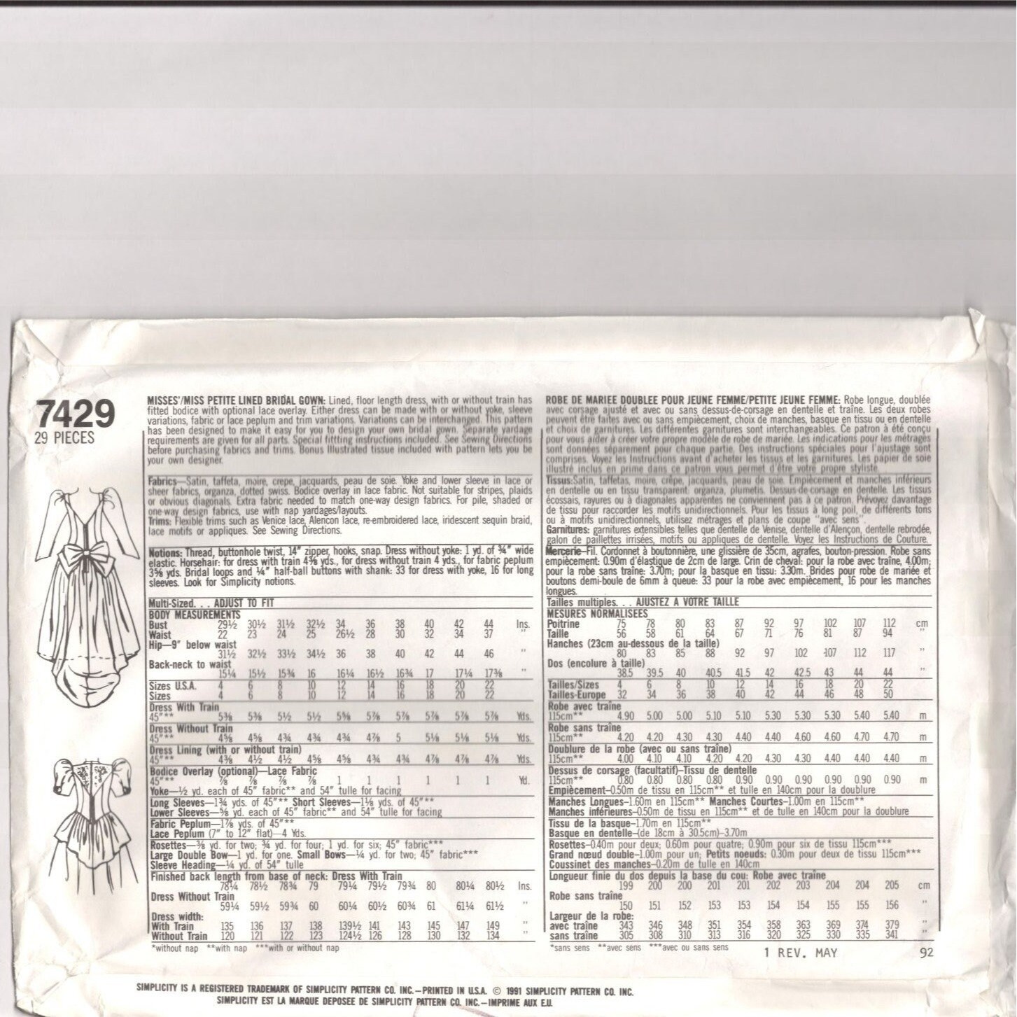 Simplicity 7429 Sewing Pattern Wedding DRESS Bridal GOWN Sew Sizes 8~16 ...