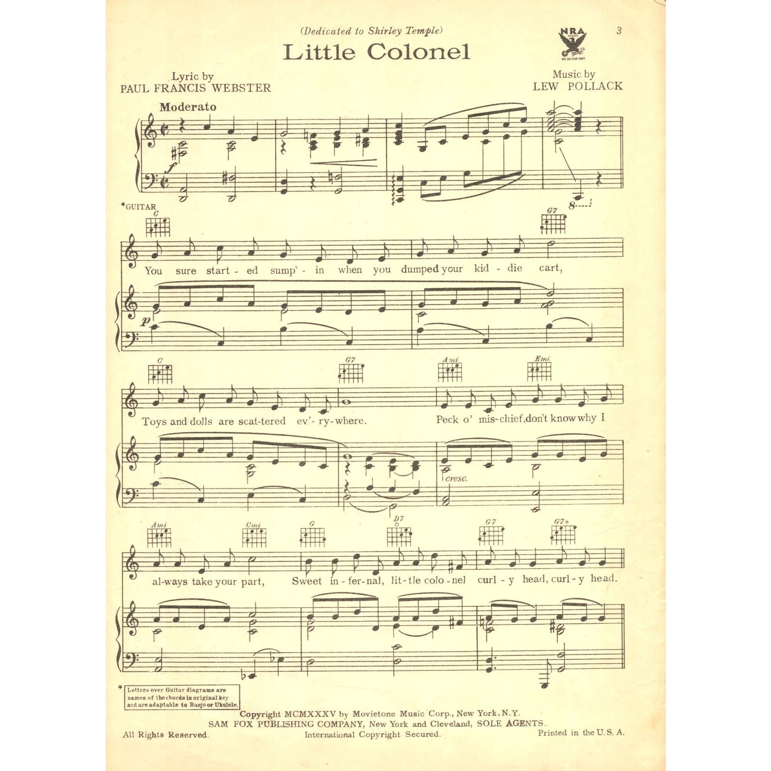 1935 Little Colonel Piano Sheet Music Shirley Temple Love's Young Dream ...