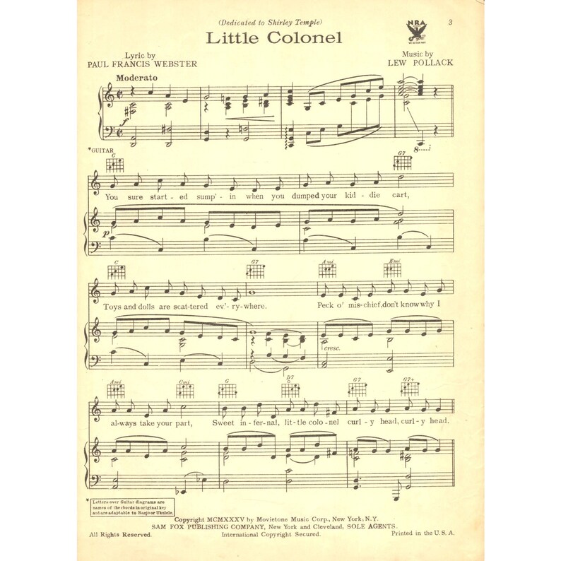 1935 Little Colonel Piano Sheet Music Shirley Temple Love's Young Dream ...