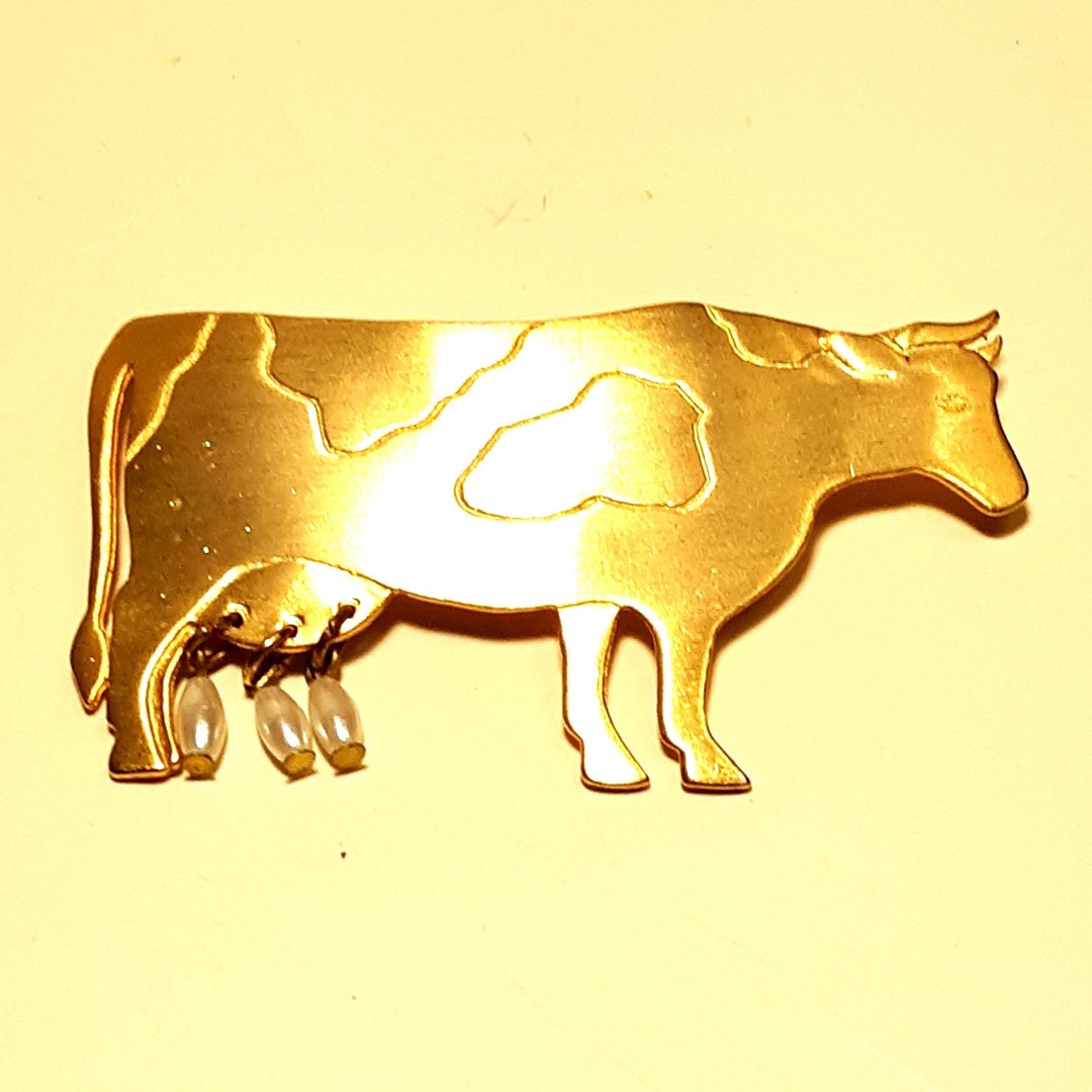 JJ Brooch Cow Pin Signed Dangling Faux Pearl Gold Tone - Etsy