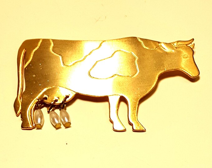 JJ Brooch Cow Pin Signed Dangling Faux Pearl Gold Tone - Etsy