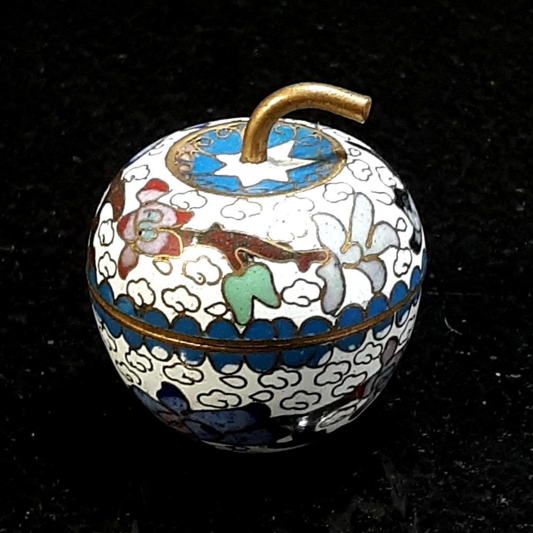 Chinese Cloisonne & Brass Vintage Apple Opium Ring Floral White Ground ...