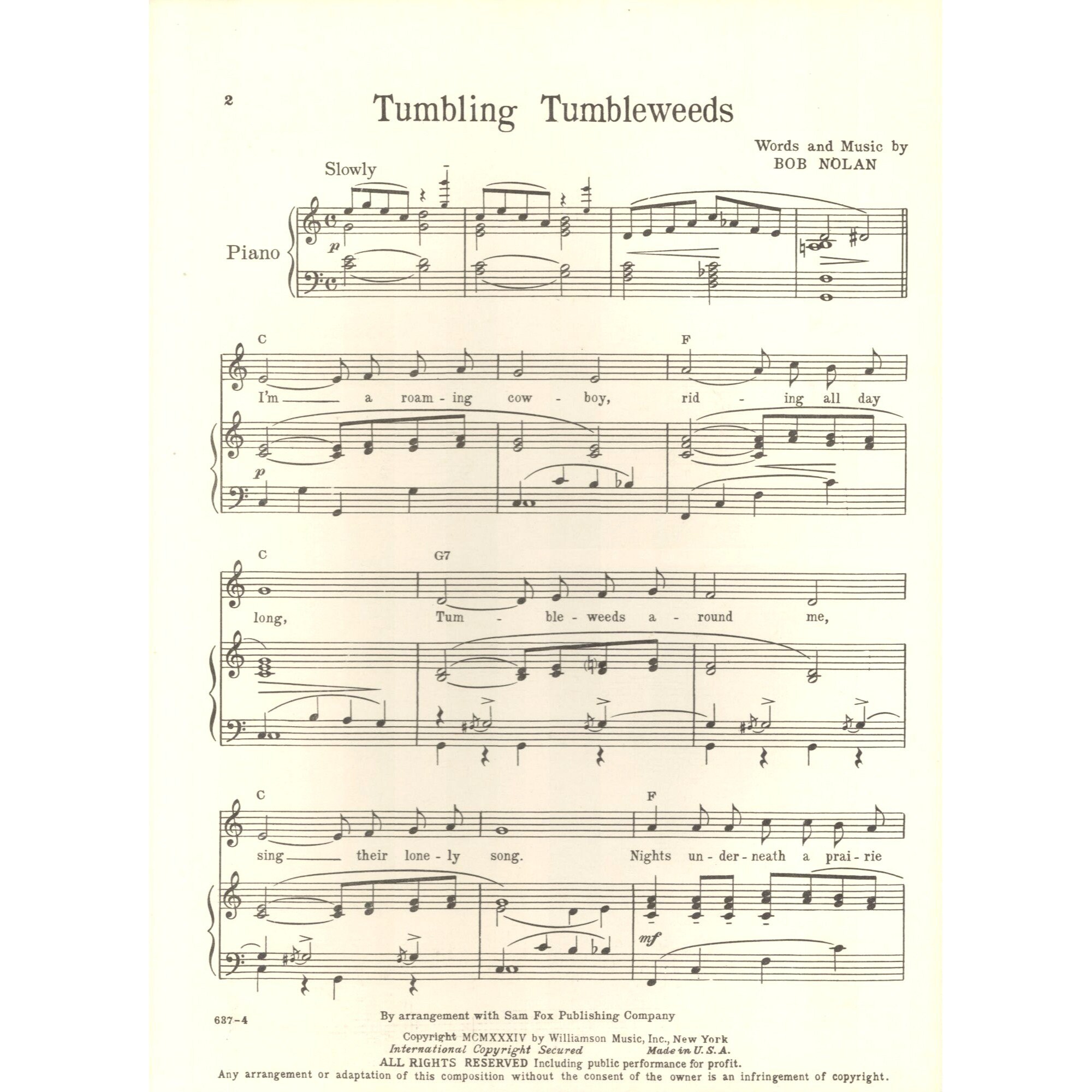 1934 Tumbling Tumbleweeds Piano Sheet Music Billy Vaughn Inset - Etsy
