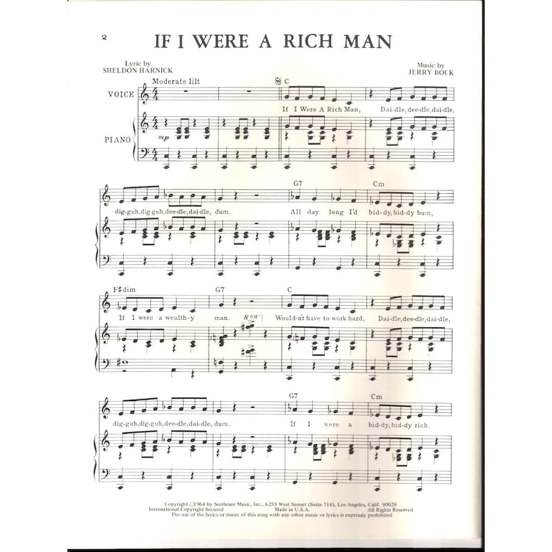 If I Were A Rich Man 1964 Piano Sheet Music Fiddler on the Roof Vintage ...