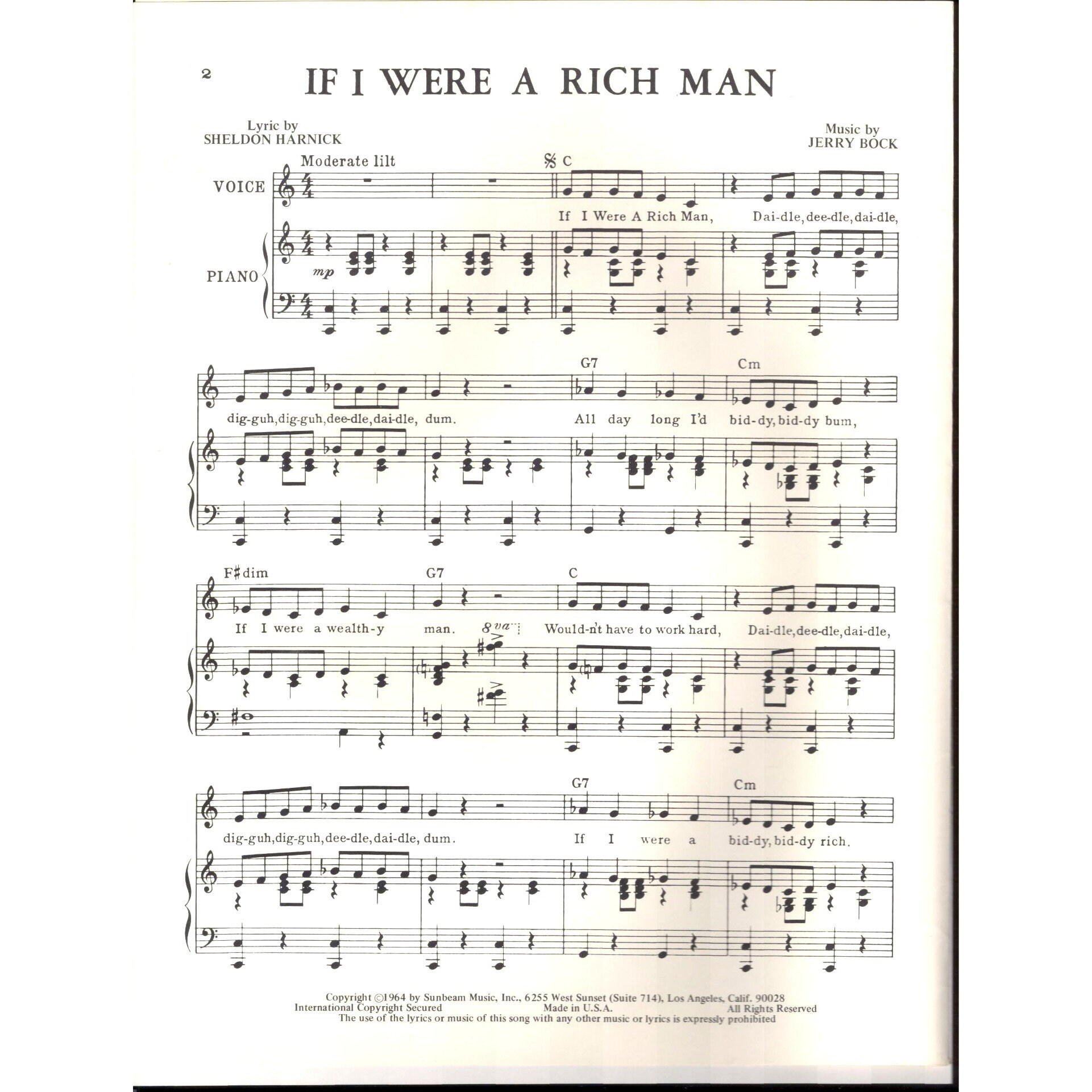 If I Were A Rich Man 1964 Piano Sheet Music Fiddler on the Roof Vintage ...