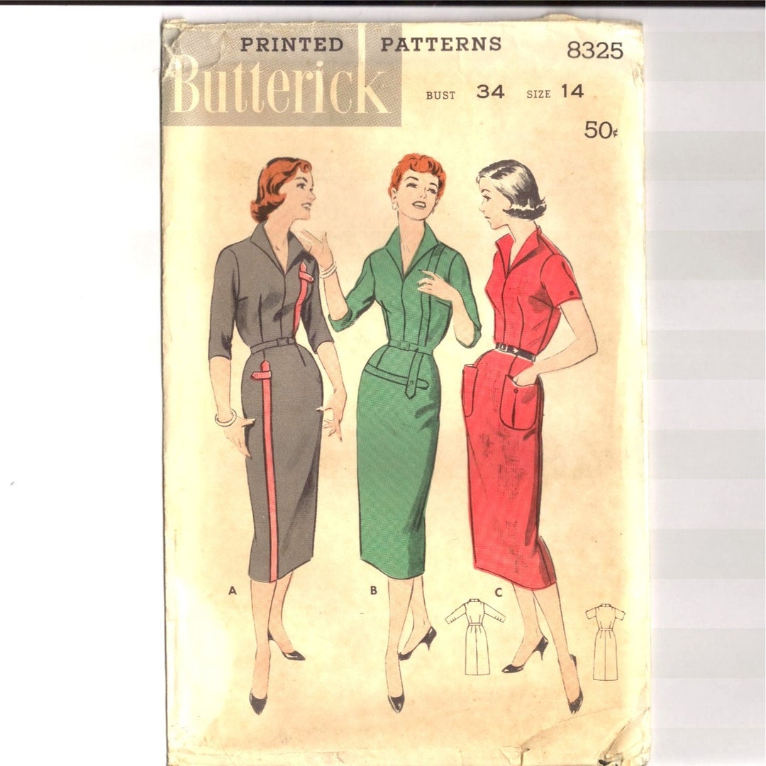 Butterick 8325 Pattern Vintage 1950s Spectator Dress Stand-up Collar 14 ...