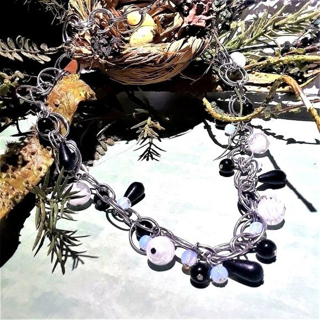 80's Retro Necklace Glass Bead Charms Silver Tone Chain - Etsy