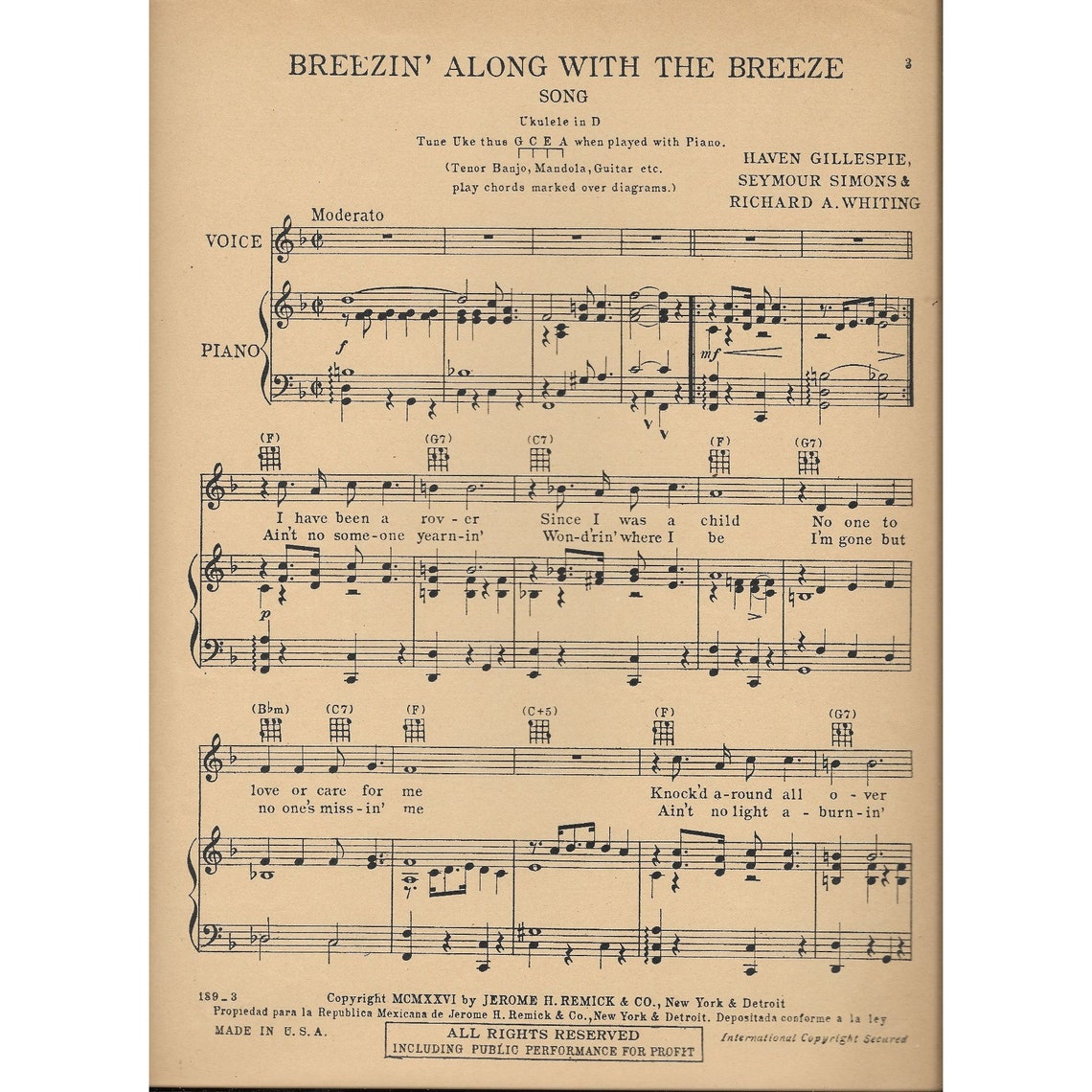 Breezin Along 1926 Sheet Music Piano Ukulele Vocals Ray Nichols Inset ...