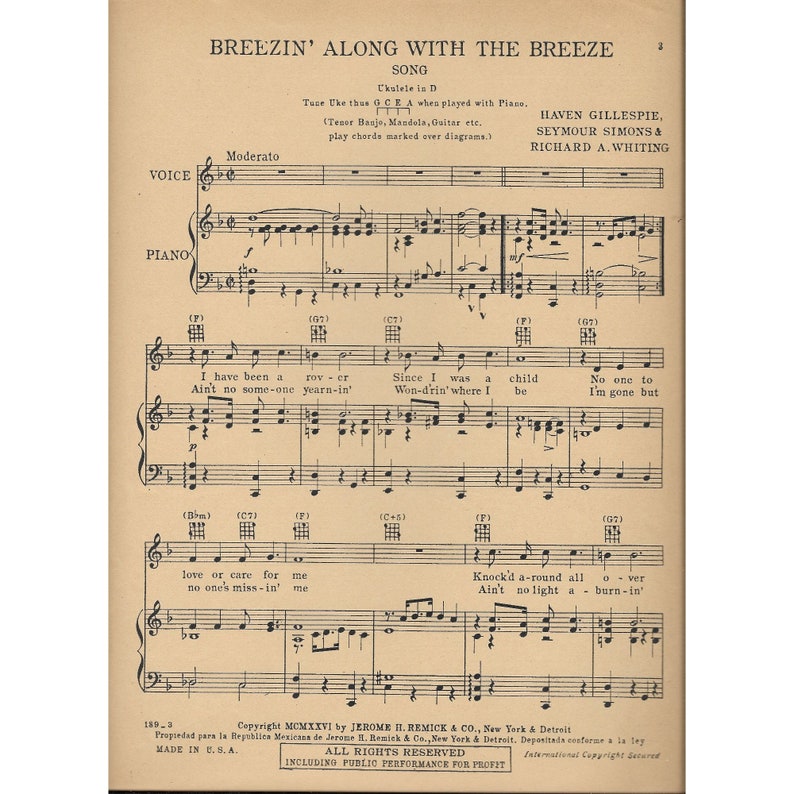 Breezin Along 1926 Sheet Music Piano Ukulele Vocals Ray Nichols Inset ...