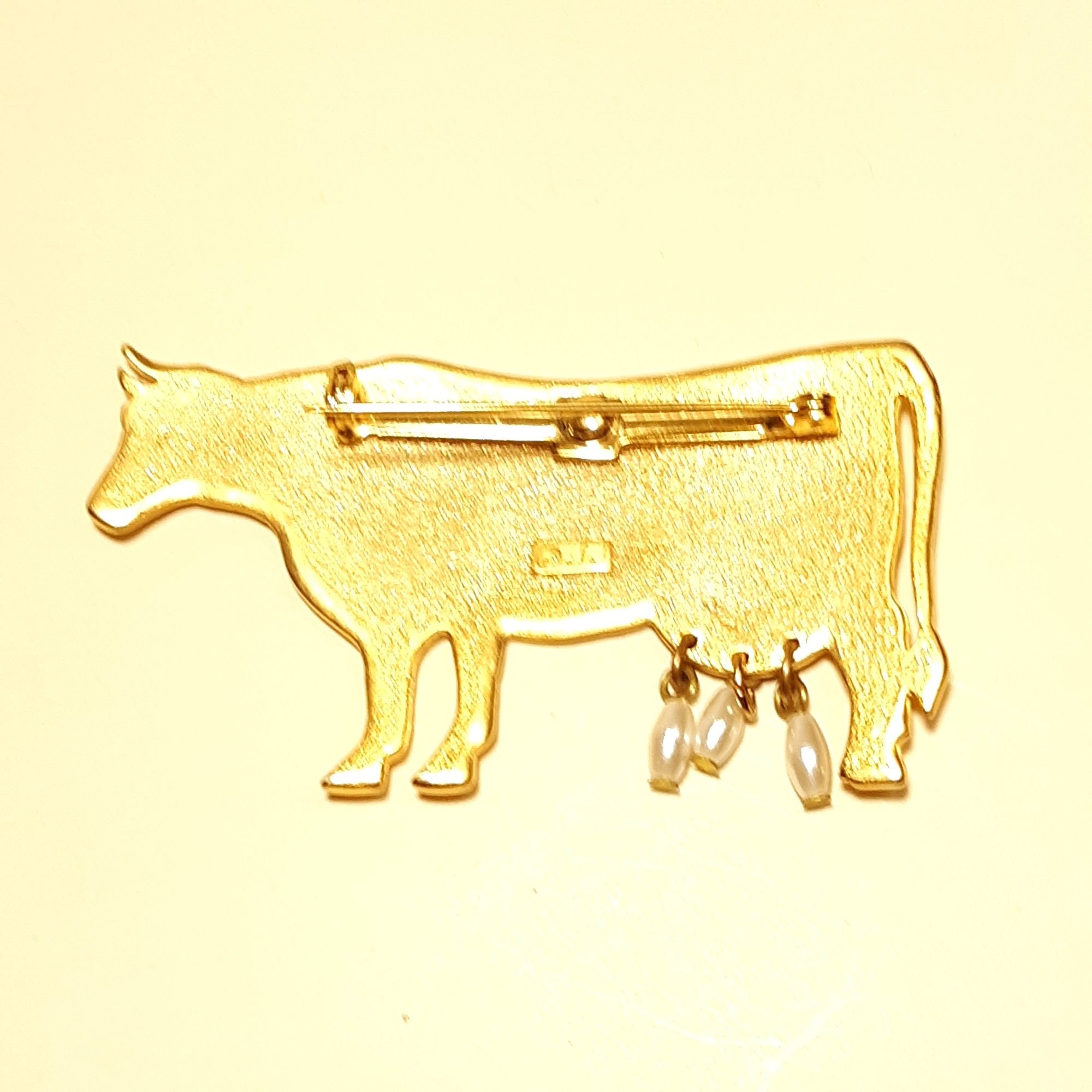 JJ Brooch Cow Pin Signed Dangling Faux Pearl Gold Tone - Etsy