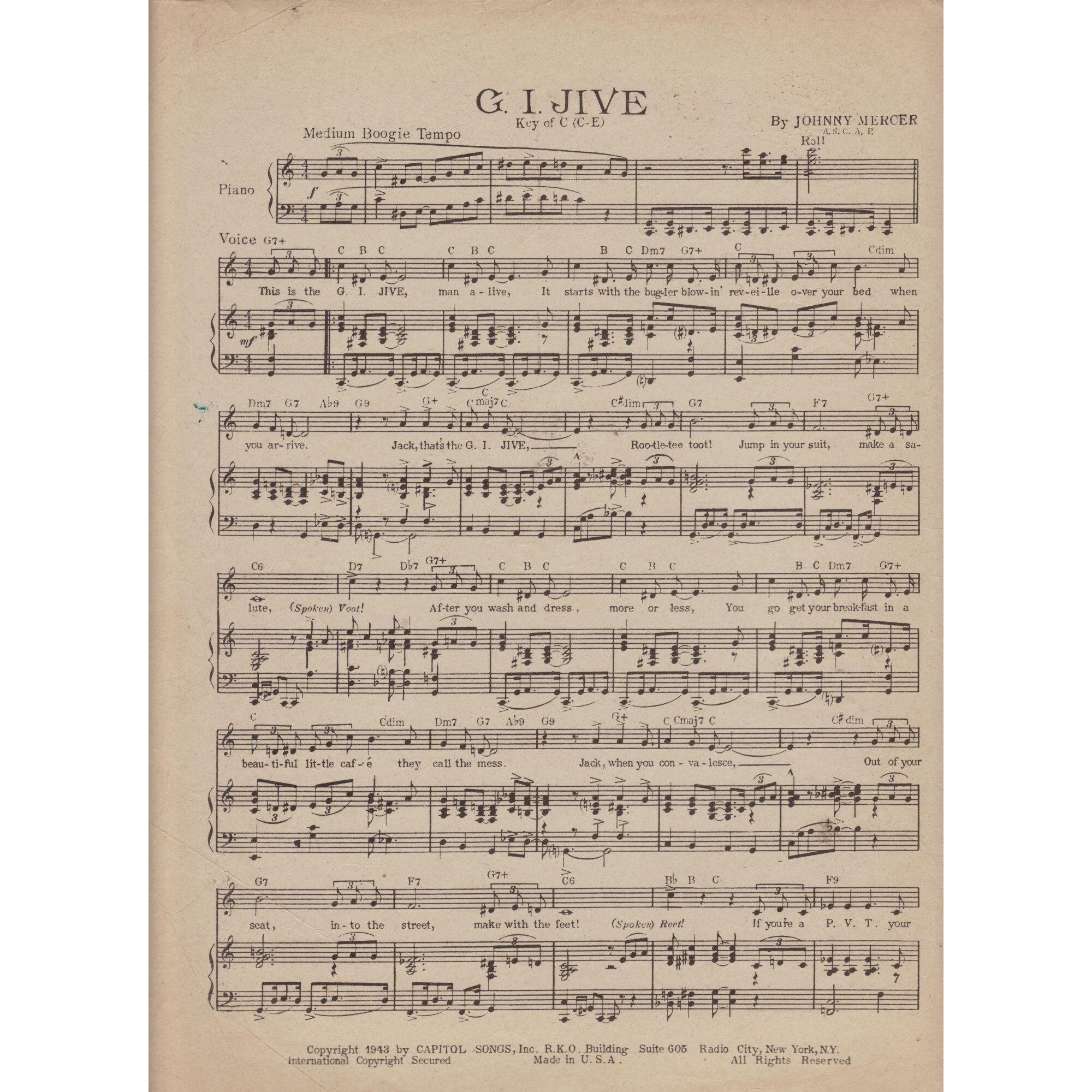 G.i.jive Johnny Mercer 1943 Vintage Sheet Music WWII Piano Vocals - Etsy